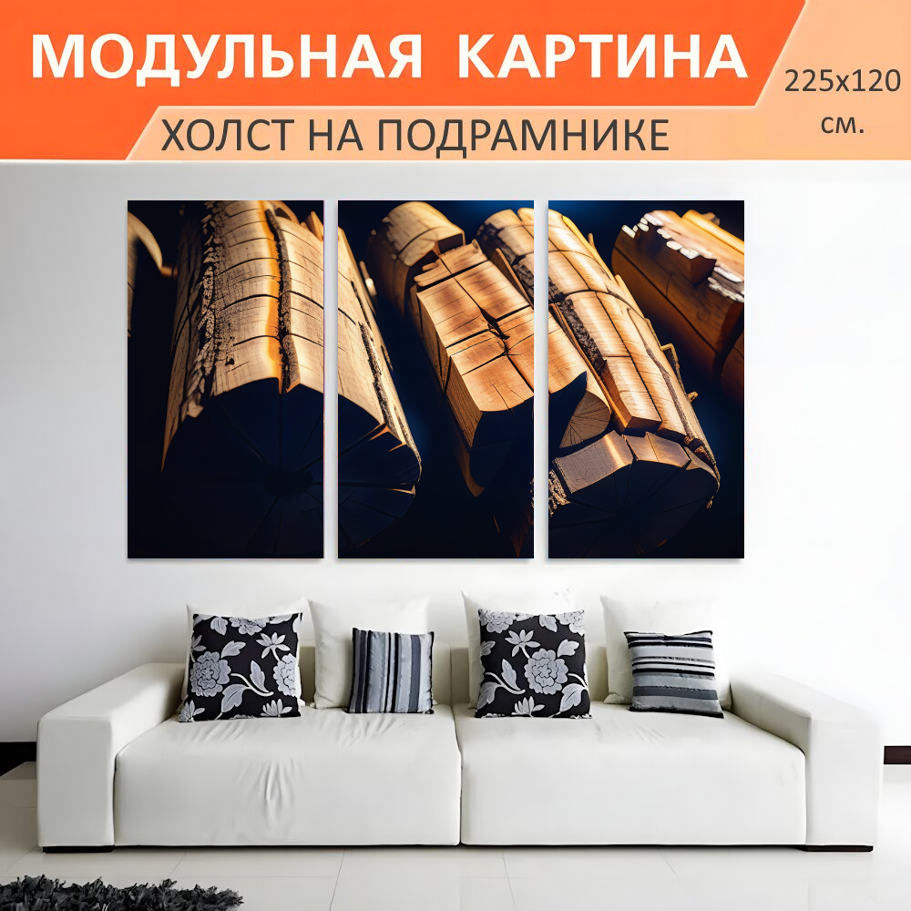 Модульная картина на холсте "Деревянные чурки в ярких огнях" триптих на подрамнике 225х120 см. для интерьера