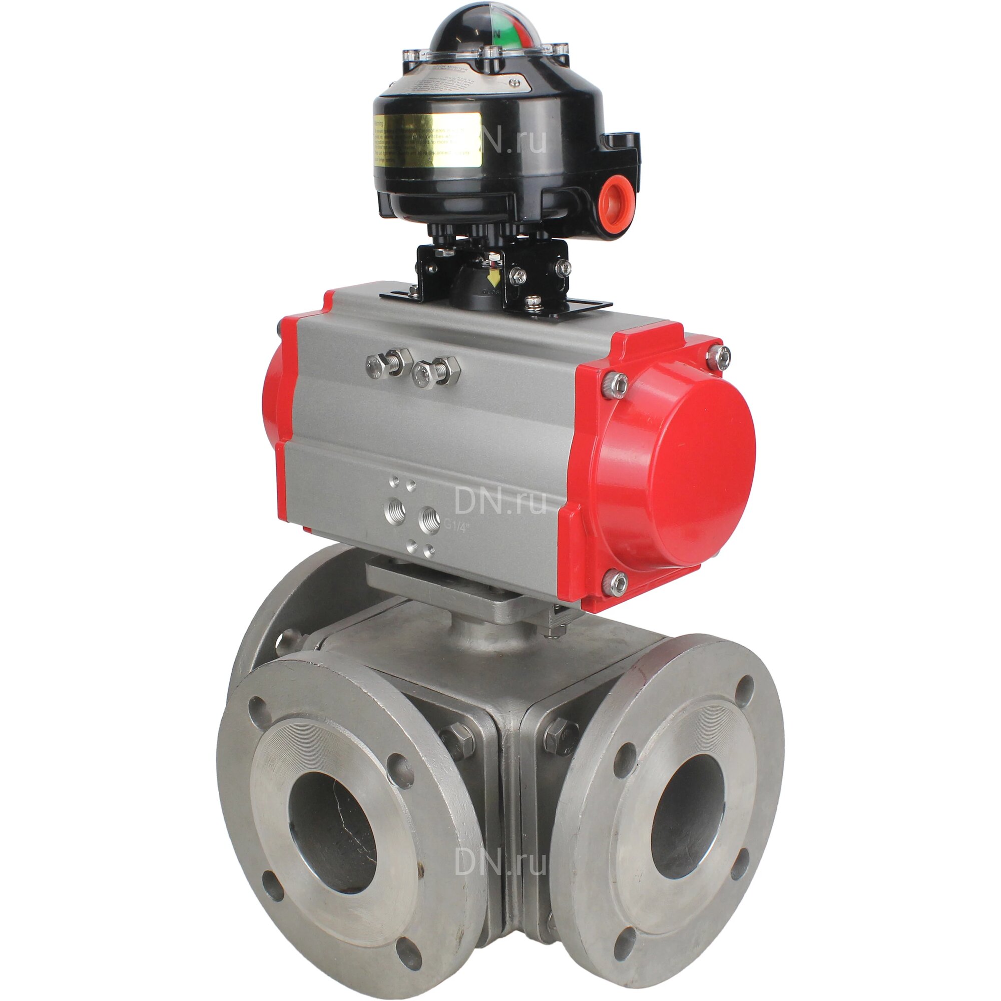 Кран шаровой DN.ru 316-316-PTFE Ду40 Ру16 полнопроходной, тип L, фланцевый, корпус - нержавеющая сталь SS316, ISO-фланец F05/F07 квадрат 14х14, с пневмоприводом DN.ru DA-065 двойного действия и БКВ LSB-510-02ExM12-250