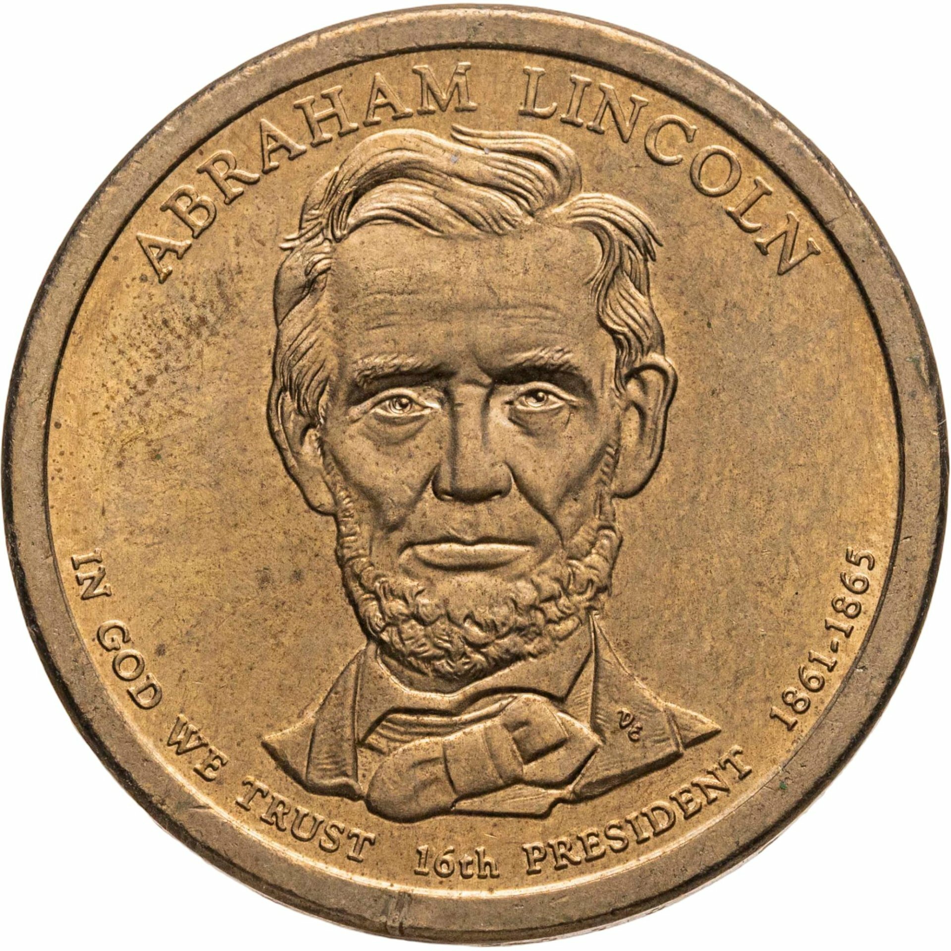США 1 доллар dollar 2010 Президент США - Авраам Линкольн 1861-1865, Латунь, в сохранности AU