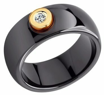 Кольцо обручальное, красное золото, 585 проба, керамика, бриллиант