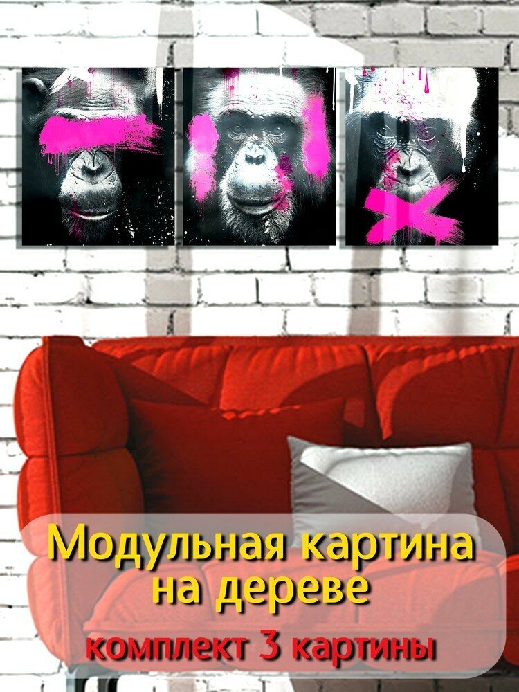 Модульная картина на дереве, три обезьяны не вижу, не слышу, не говорю - 5069