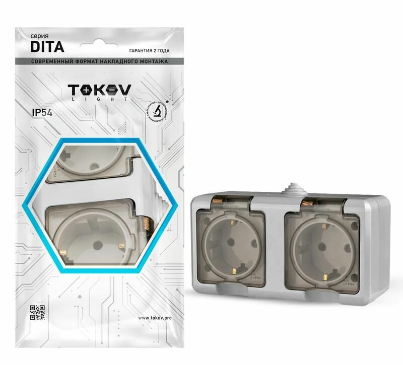 Розетка 2-м ОП Dita 16А IP54 250В с заземл. с прозр. крышкой сер. TOKOV ELECTRIC TKL-DT-R2Z-C06T-IP54