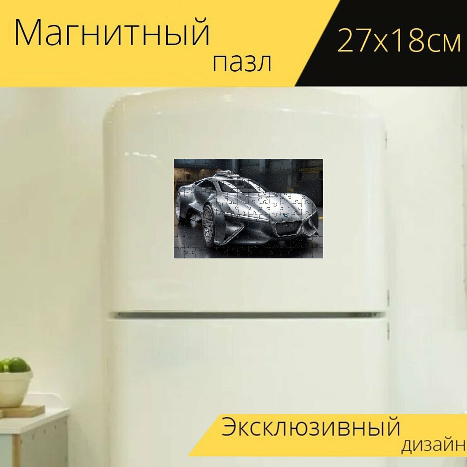 Магнитный пазл водителям "Гараж, колеса, серая, машина, автомобиль" на холодильник 27 x 18 см.