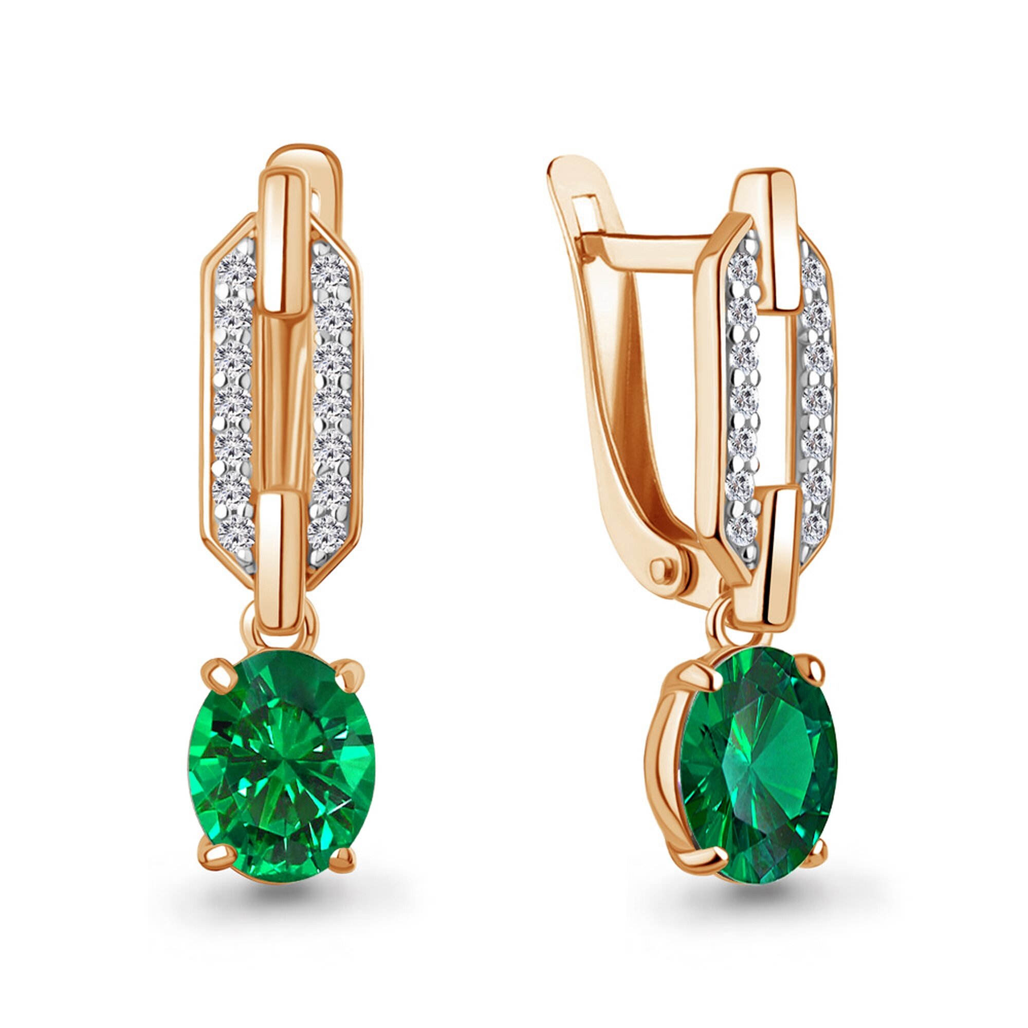 Серьги, серебро, 925 проба, золочение, изумруд синтетический, фианит