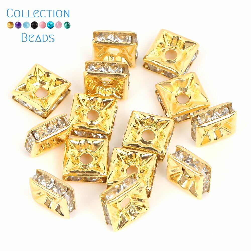Бусины квадратные медные с хрусталем, 6 мм, Gold, 50 шт.