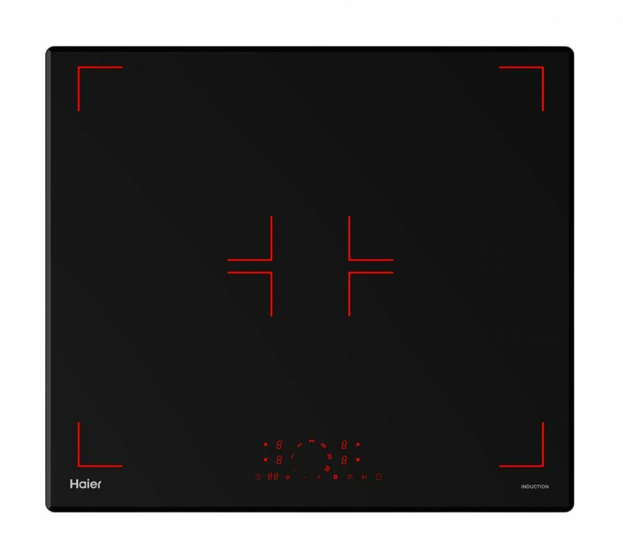 Встраиваемая индукционная варочная панель Haier HHX-Y64HPVB обозначение зон видно только при включении.