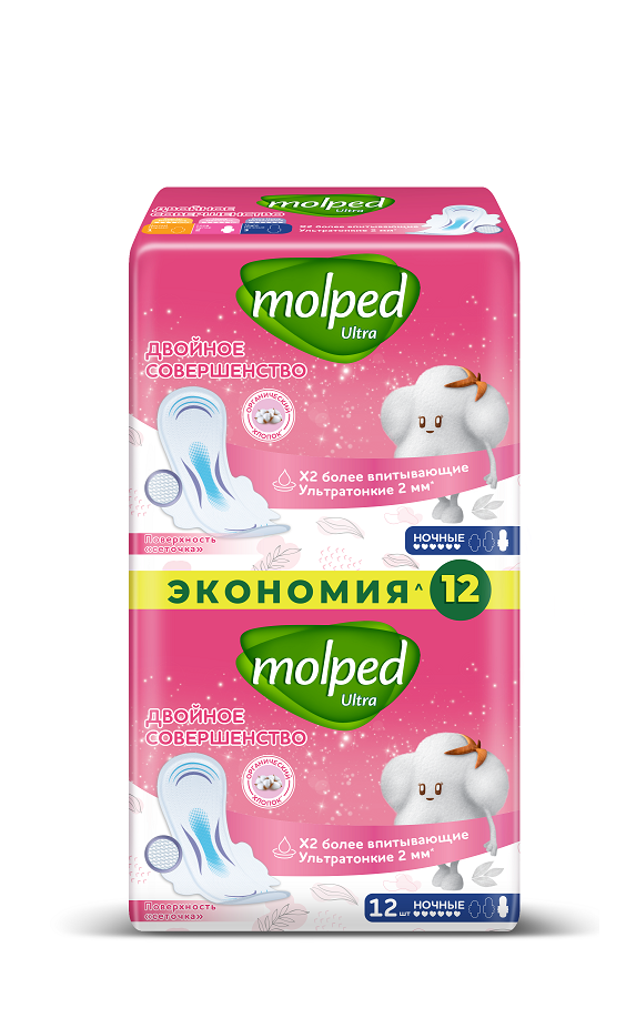 Прокладки женские Hayat Molped гигиенические duo с крылышками ночные, 12шт , 1 упаковка