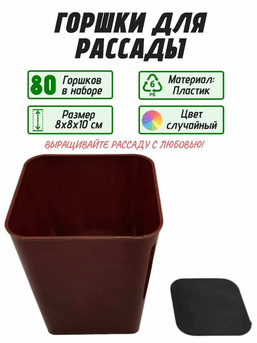 Горшки для рассады, 0,46 л, 8х8х10 см, со съемным дном, 80 штук, цвет случайный: для проращивания семян или содержания кактусов, суккулентов и столовой зелени