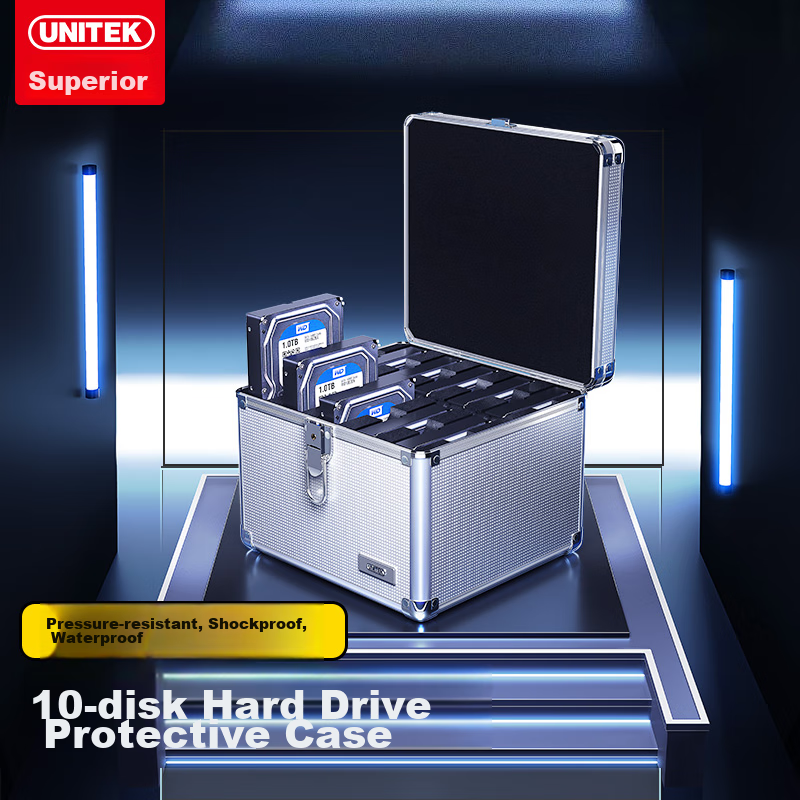 UNITEK 3.5-Inch Hard Drive Enclosure, 10-Bay Portable Protective Storage Case with Lock, Waterproof/anti-Theft/anti-Moisture/anti-Shock, Silver, OT30SL