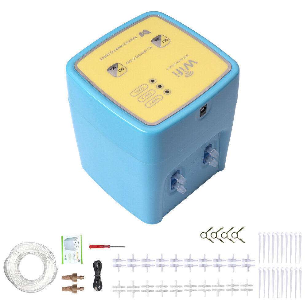 Устройство для полива WIFI с двойным насосом, автоматическая капельная поливация с таймером, дистанционный контроллер через приложение для сада, террасы, горшковых растений, цветов, цвет: белый/синий+желтый, материал: ABS, напряжение: 5В, ток: 720мА,