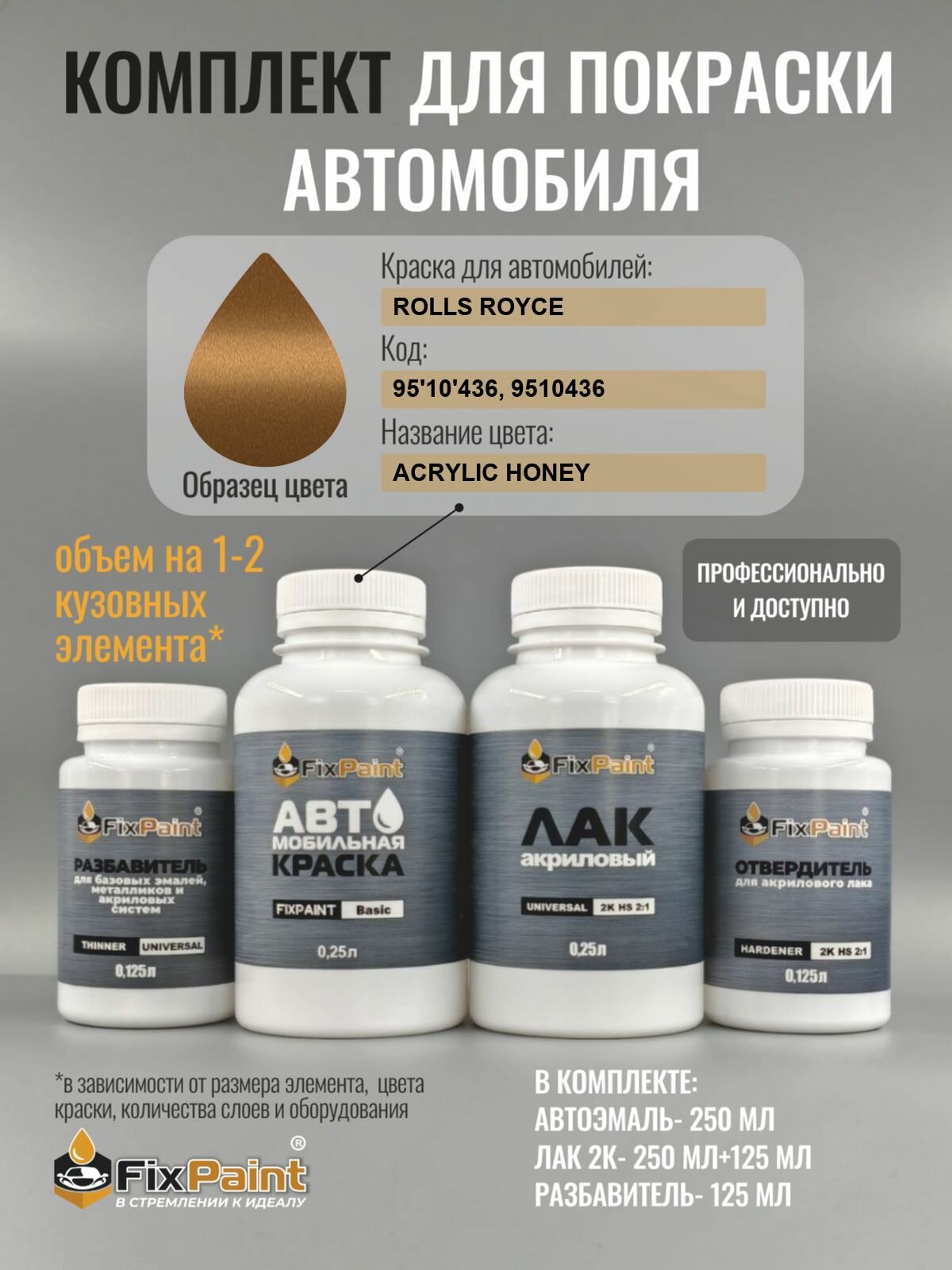 Комплект для покраски ROLLS ROYCE, код 95 10 436, 9510436, ACRYLIC HONEY, базовая автомобильная краска 250 мл, лак 2K 250 мл с отвердителем, разбавитель 125 мл, FixPaint Pro