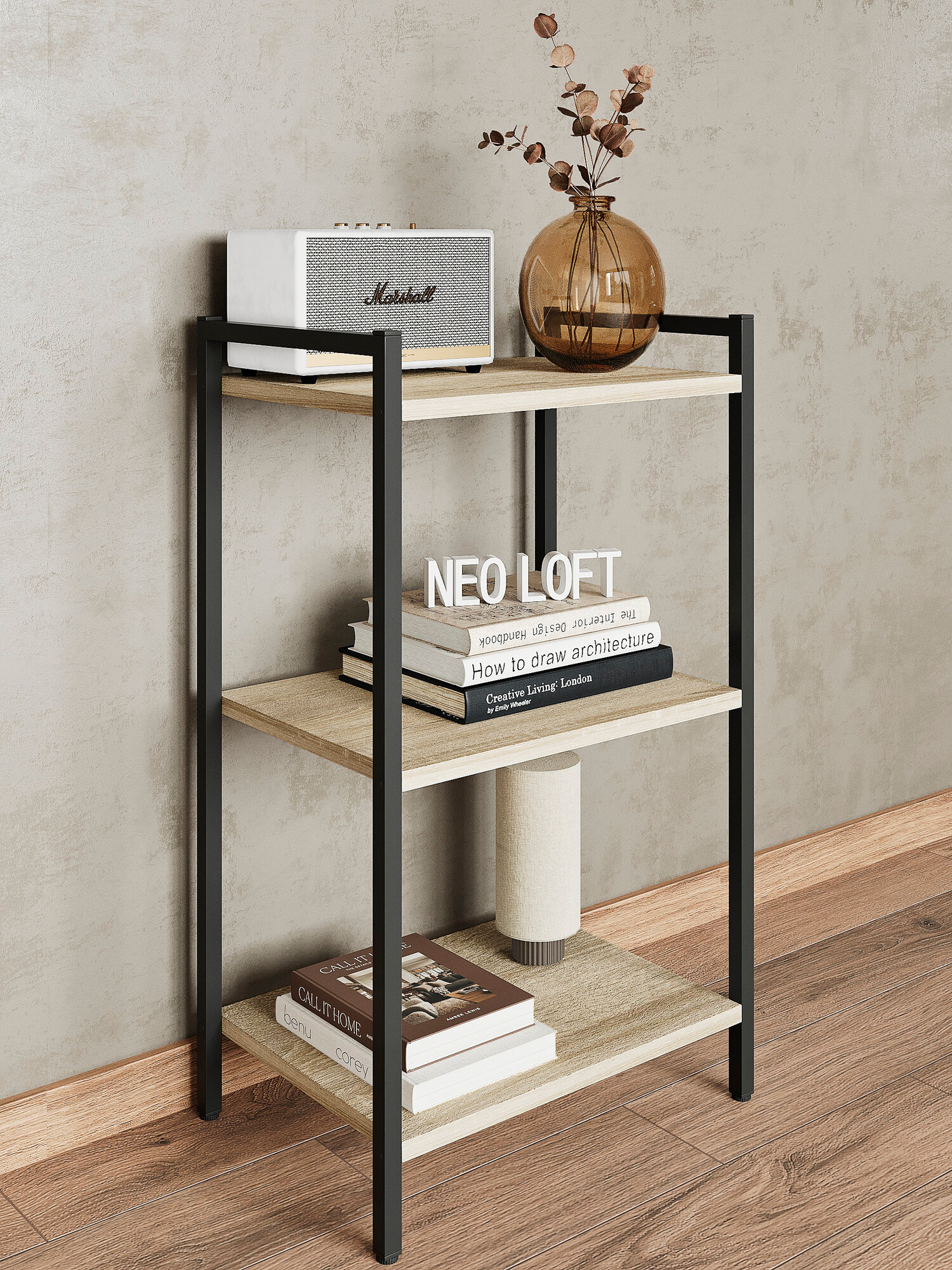 Стеллаж металлический напольный в стиле лофт, этажерка, 49х34х84 см