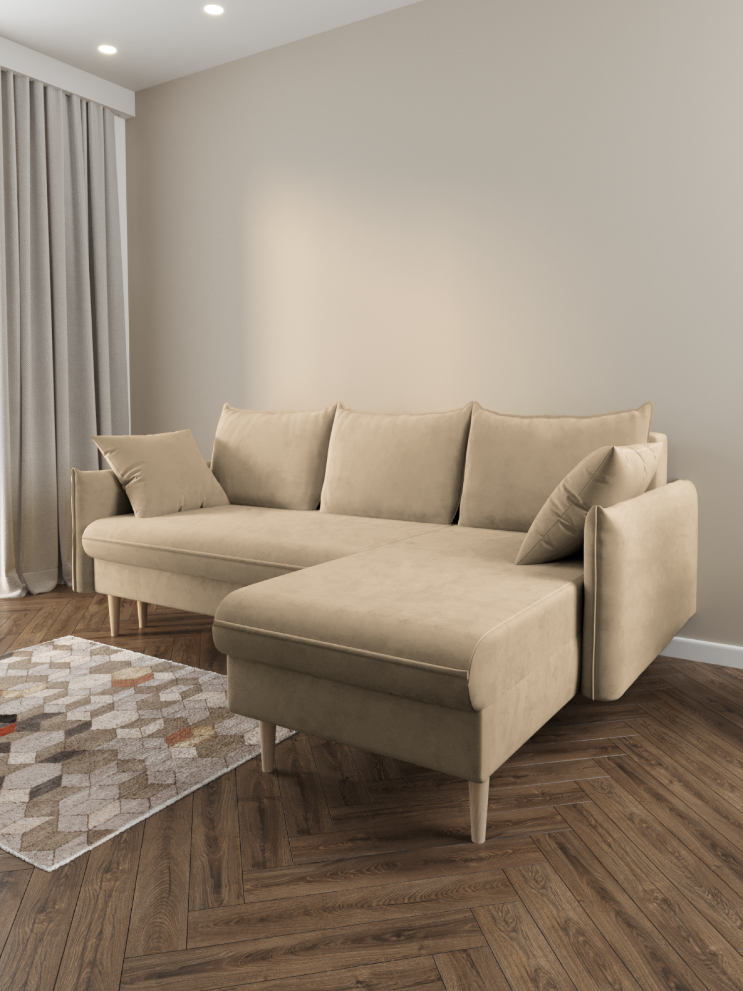 Диван-кровать угловой Фьорд с оттоманкой бежевый, правый угол, механизм Тик-так, 216х145х95 см