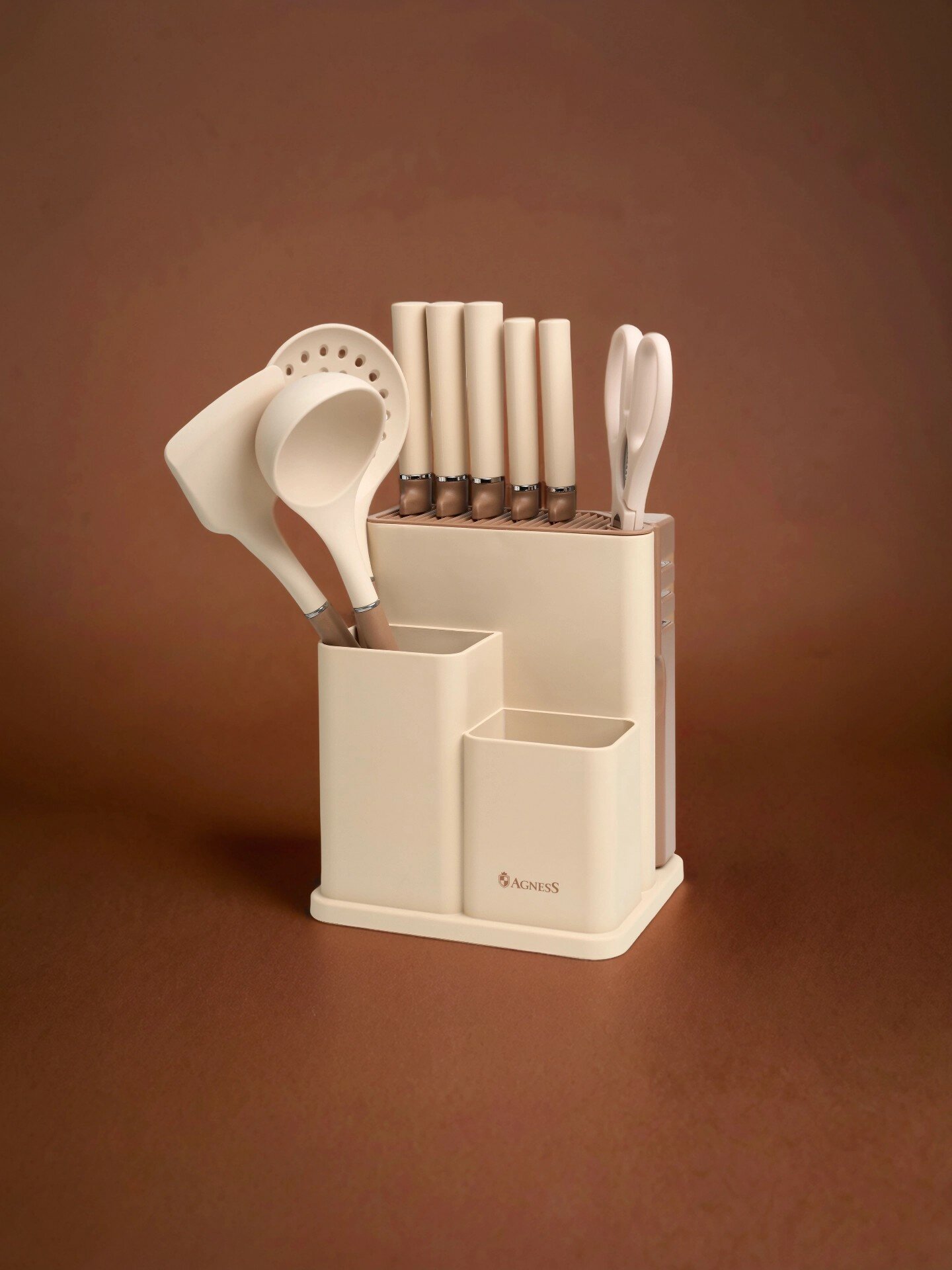 Набор кухонных ножей AGNESS, набор из 11 предметов: 5 ножей, кухонная навеска, подставка, ножеточка, ножницы.