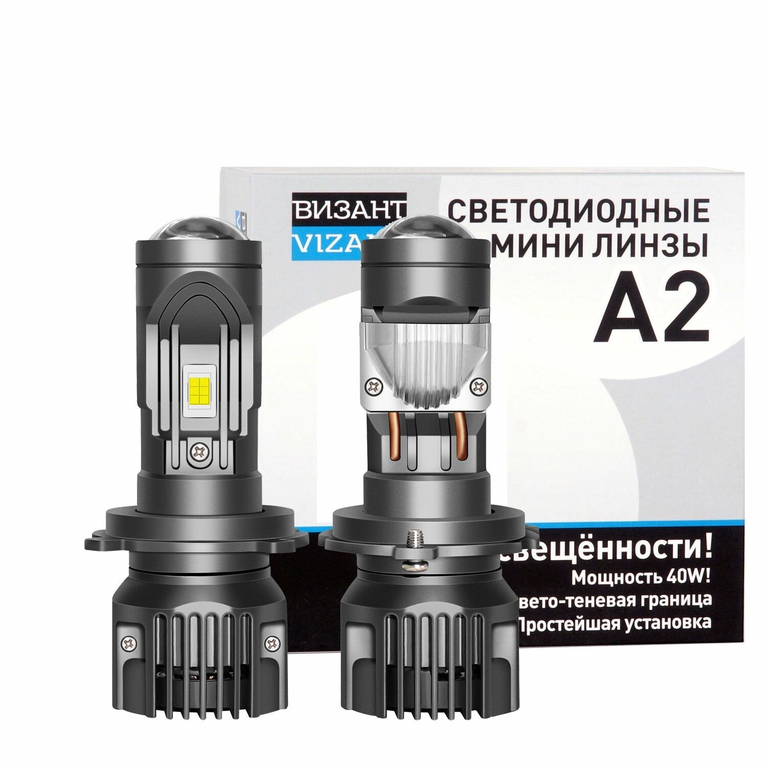 Светодиодные мини линзы Vizant A2 цоколь H4 H19 с чипом CSP4575 8000lm 5000k 40W