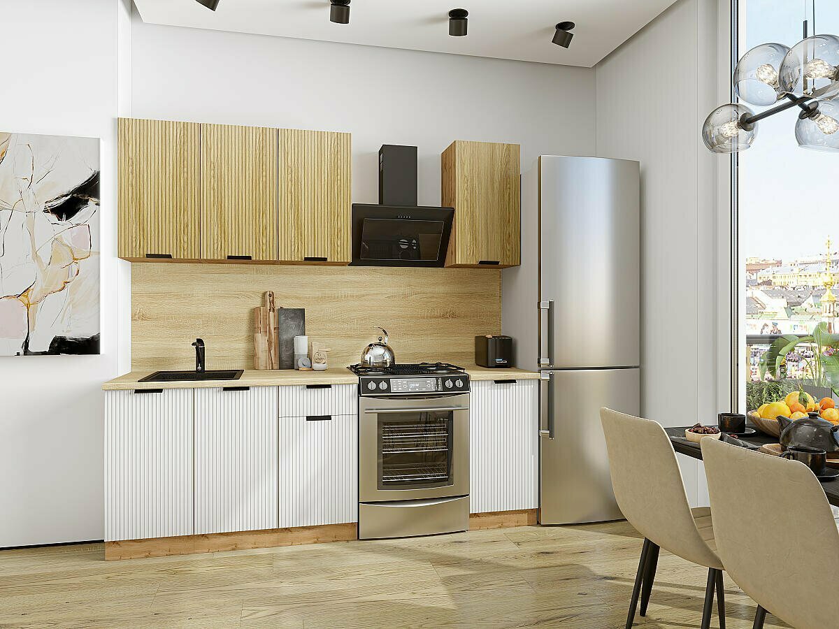 Кухня модульная прямая без столешницы 1,6 метра Евро Лайн-06 Готовый кухонный гарнитур 2140*1600*600 Дуб песочный-Белый