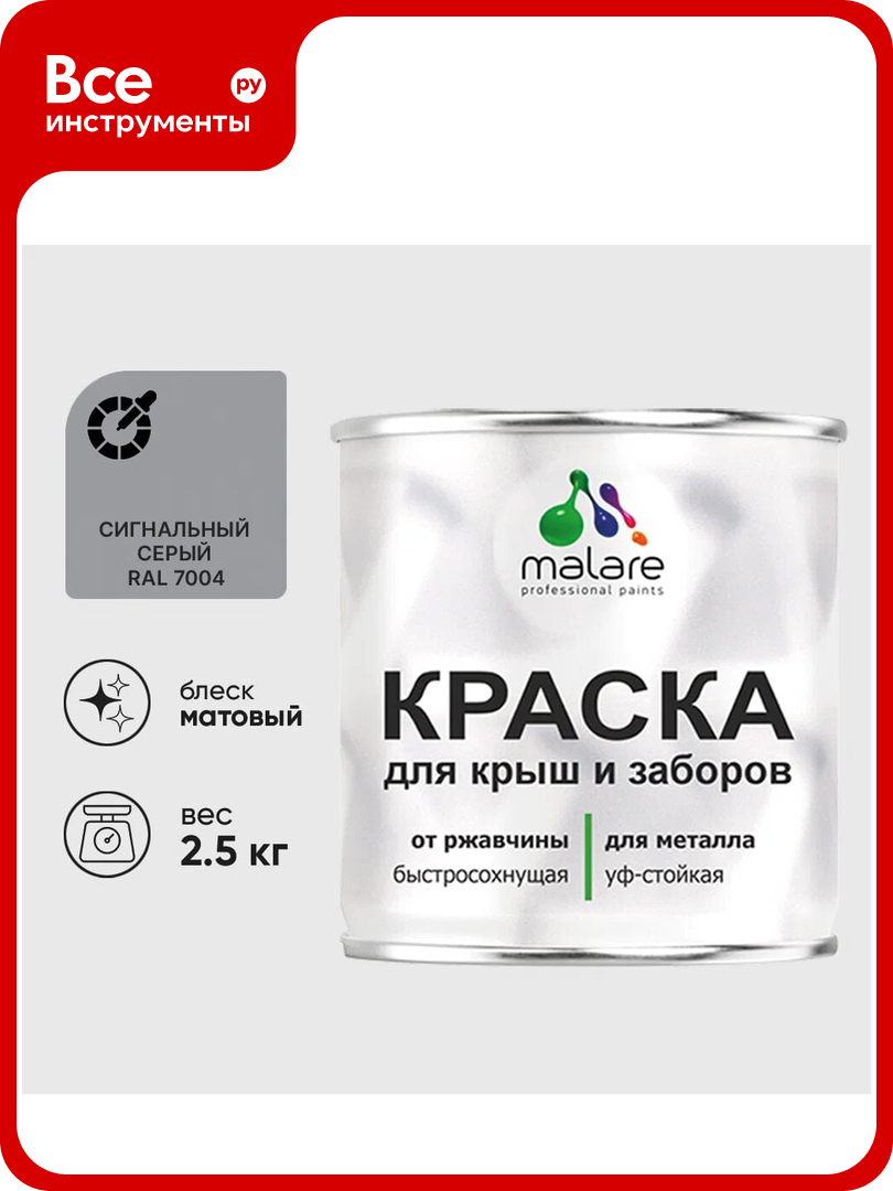 Краска, MALARE, по металлу MALARE для крыш и заборов, по ржавчине, быстросохнущая, износостойкая, матовый