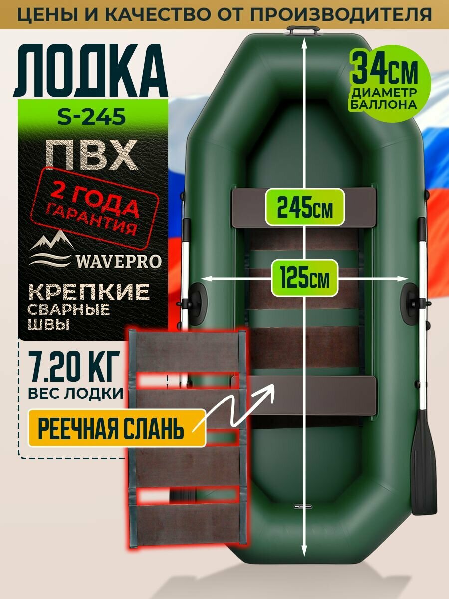 WavePro Лодка ПВХ надувная гребная для рыбалки двухместная 245 см + реечная слань, зеленый