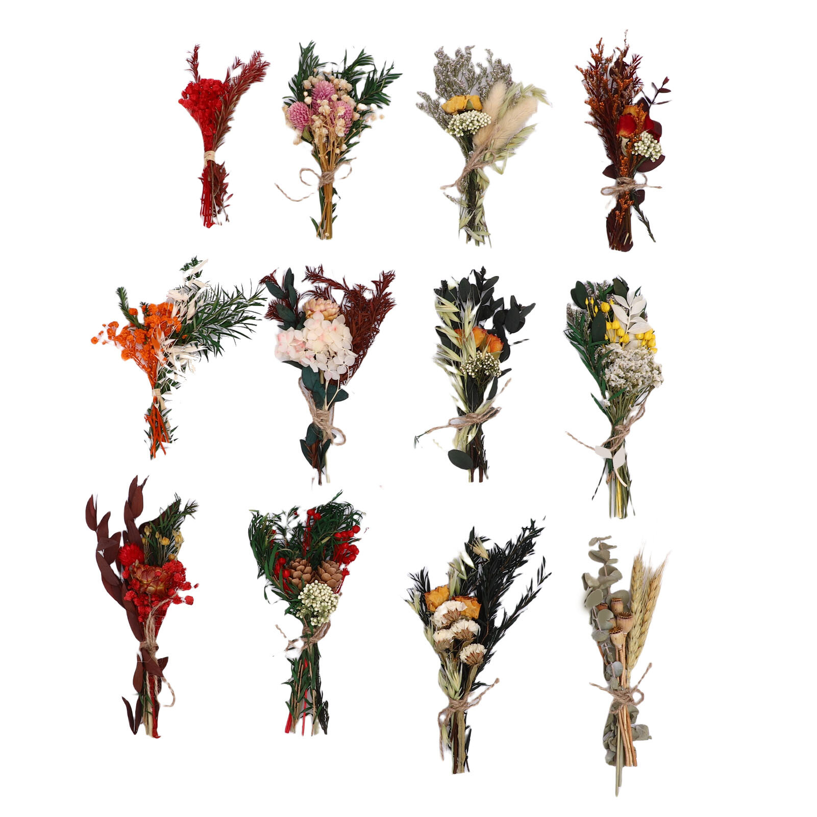 12 мини-букетов из сушеных цветов для ваз и украшения свадебного стола.