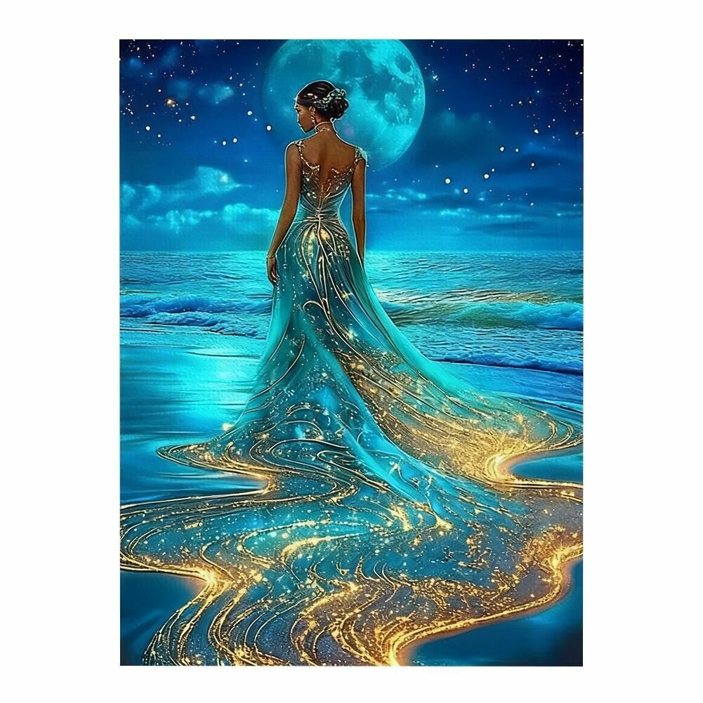 Алмазная мозаика большая картина "Пляжный лунный свет" 50х40 см со светящимся в темноте стразами и 5Д элементами