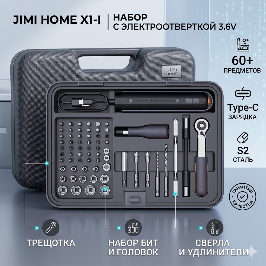 Универсальный набор бит и головок с электроотверткой 3.6V JIMI Home X1-I (60+ предметов)