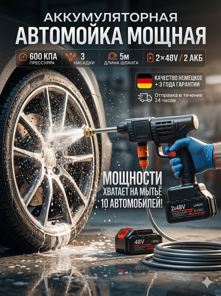 Мойка высокого давления аккумуляторная для автомобиля, Автомойка, в кейсе 2 аккумулятора, 3 насадки