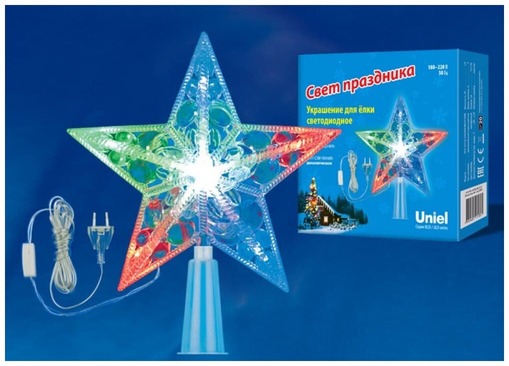 Звезда на елку Uniel ULD-H1516-010/DTA 10LED RGB, мерцающая 15x18см прозрачный провод 3м, IP20