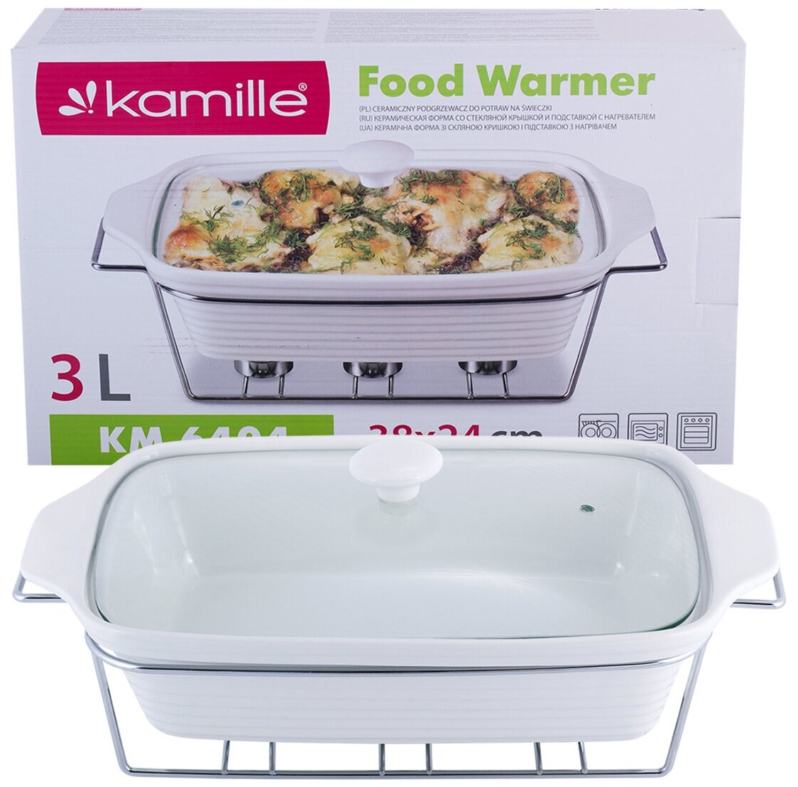 Мармит керамический прямоугольный 38см 3л со стеклянной крышкой на металлической подставке KAMILLE KM-6404