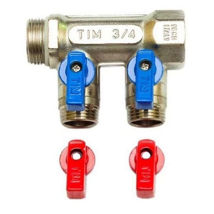 Коллектор для воды на 2 выхода 3/4 на 1/2 с шаровыми кранами, гребенка для водоснабжения TIM