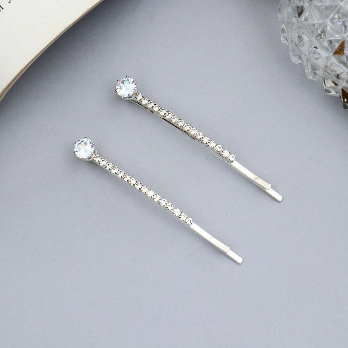 Невидимка для волос "Вивьен" (набор 2 шт) камни блеск круг, 5 см, серебро 9732113