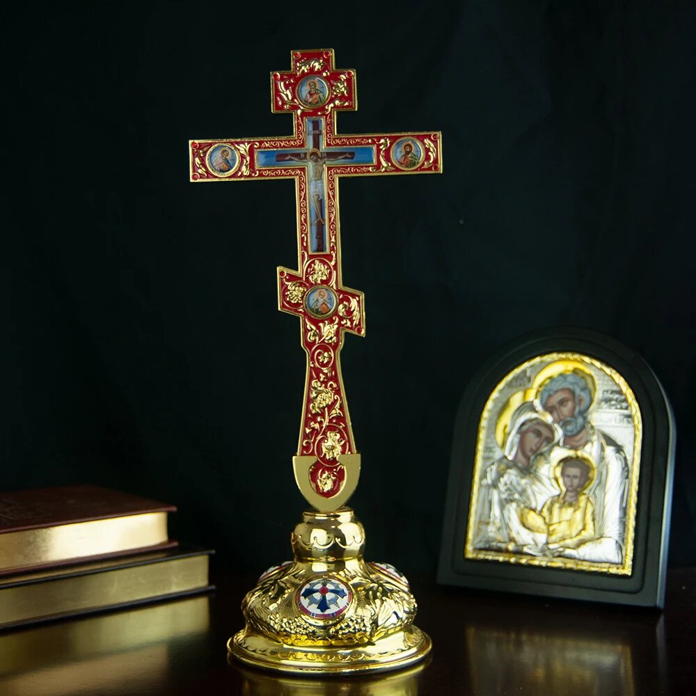 Стоячий православный крест красный с подставкой