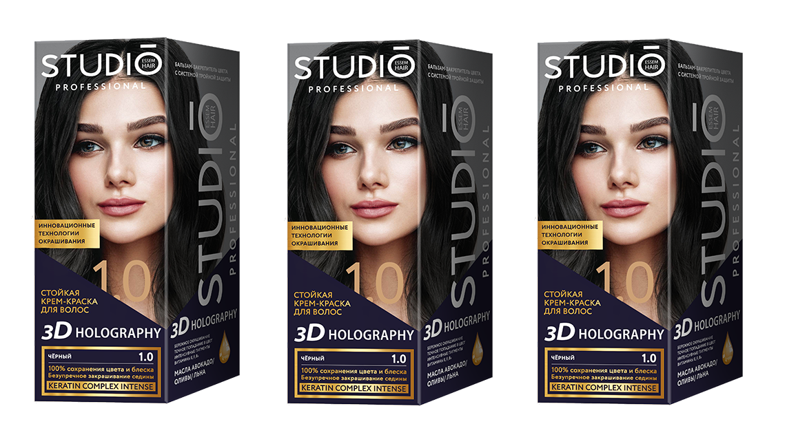 Стойкая крем-краска волос Studio Professional 3D Holography, тон 1.0 чёрный, 115 мл - 3 штуки