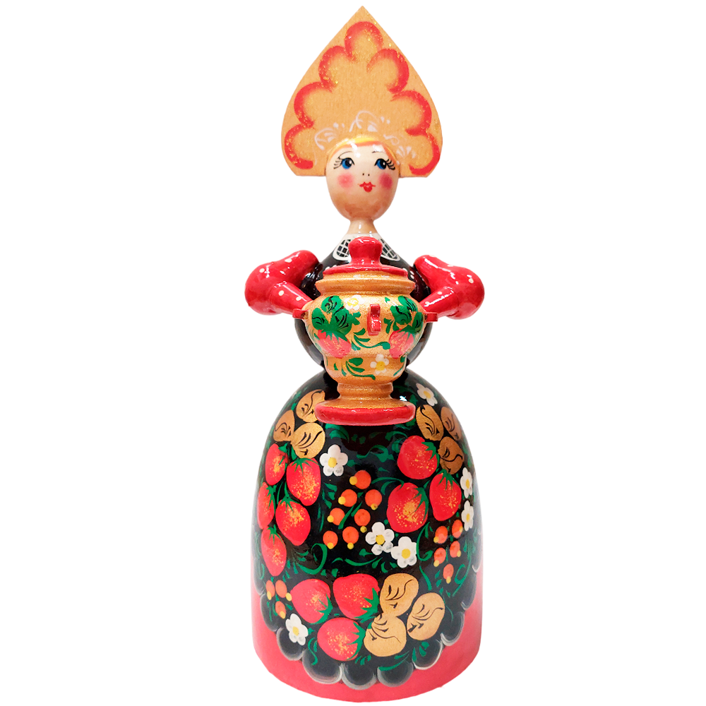 Деревянная музыкальная кукла ручной работы "Барыня с самоваром" (хохлома)