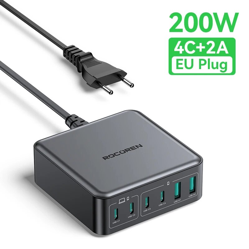 Зарядная Станция Rocoren 200W GaN С Быстрой Зарядкой EU Plug