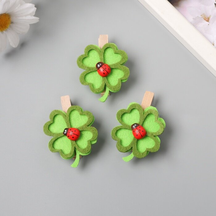 Декор для творчества дерево, фетр «Прищепка. Клевер и божья коровка», набор 3 шт, 1.7×4.6×5.5 см