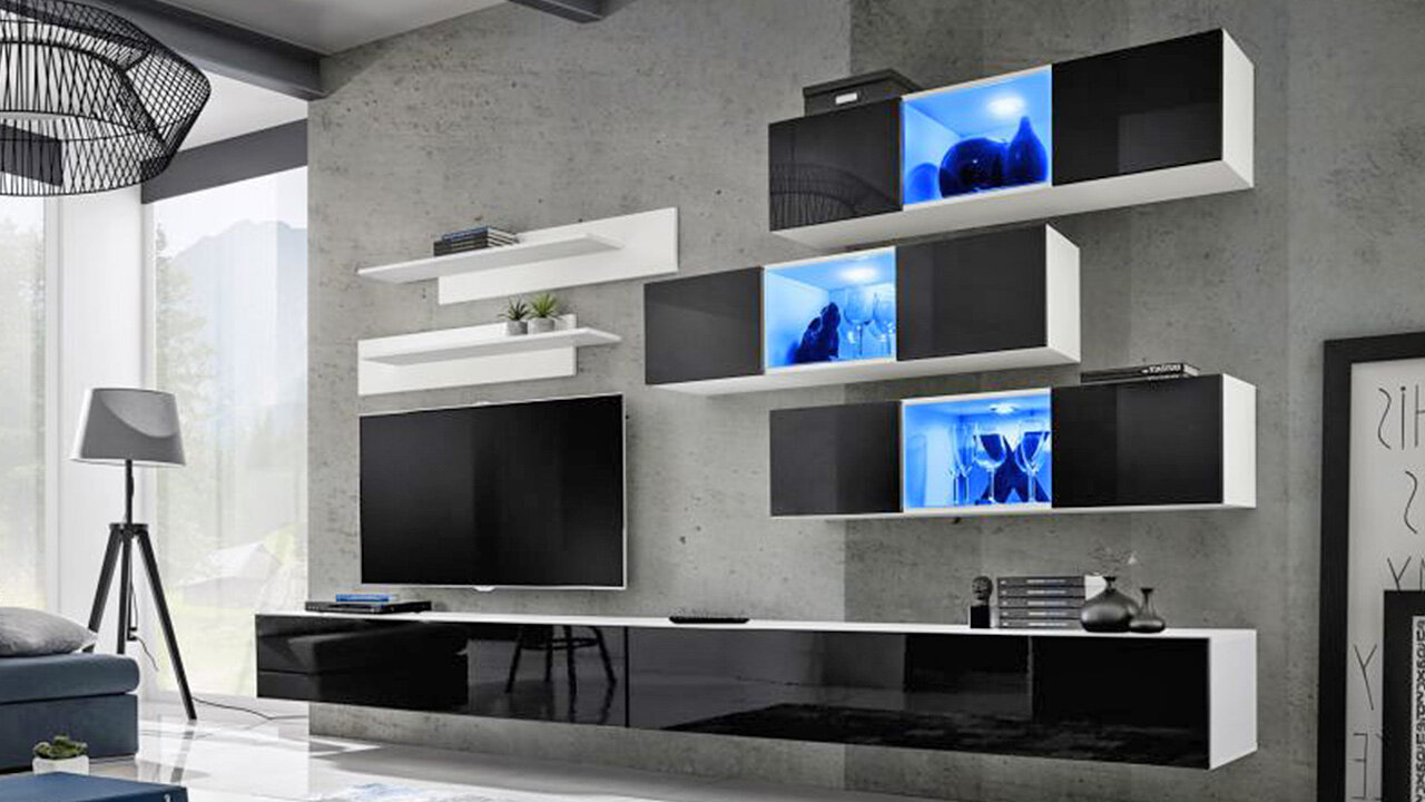 Гостиная 29 МДФ Черный DM089-6Т (глянец) / Белый Фасадный 0101 PE NOW 320x40x180 см, Дом мебели для вас