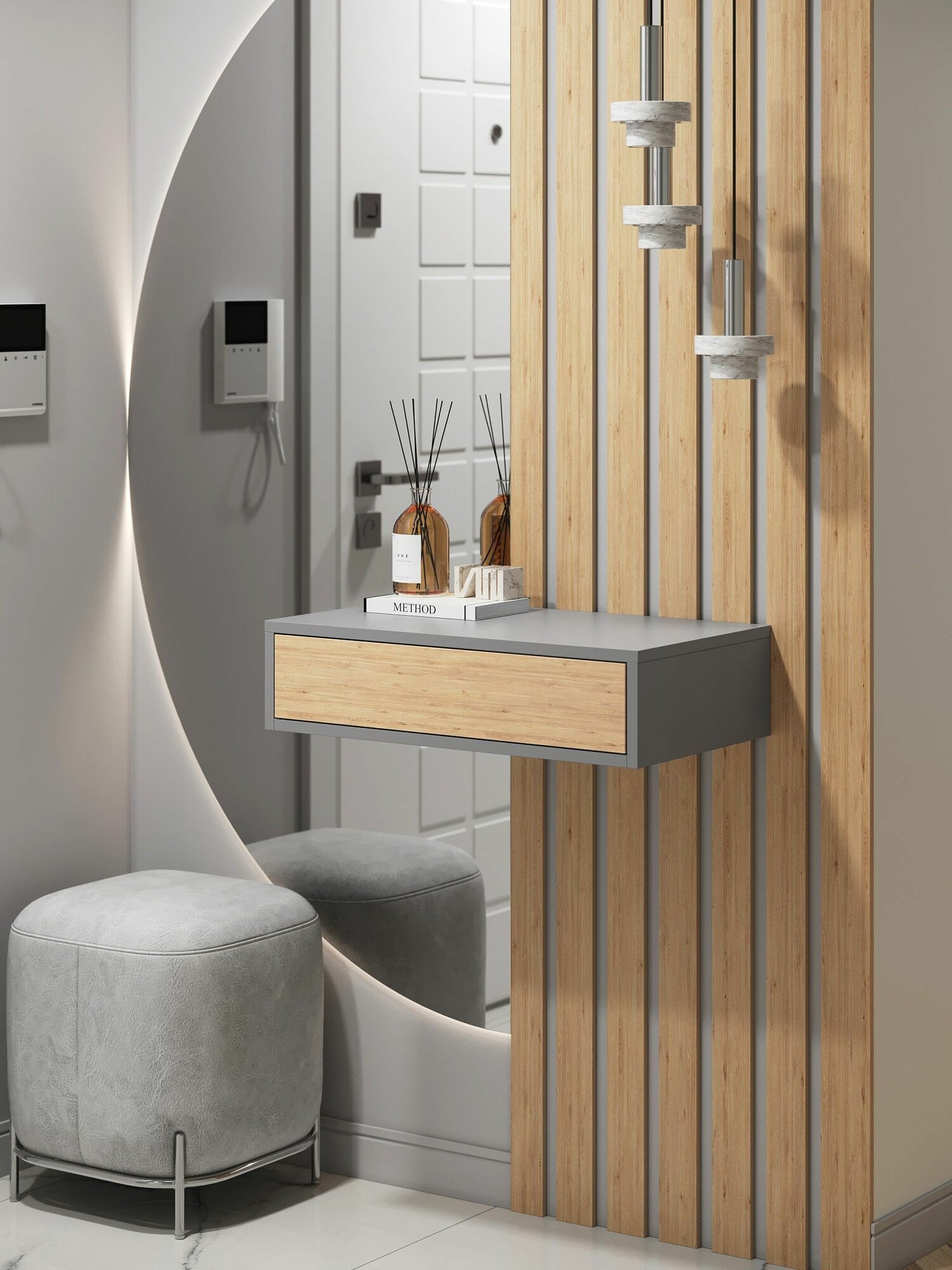 Туалетный столик тёмно-серый и дуб, ящик push-to-open, 60х34х15 см