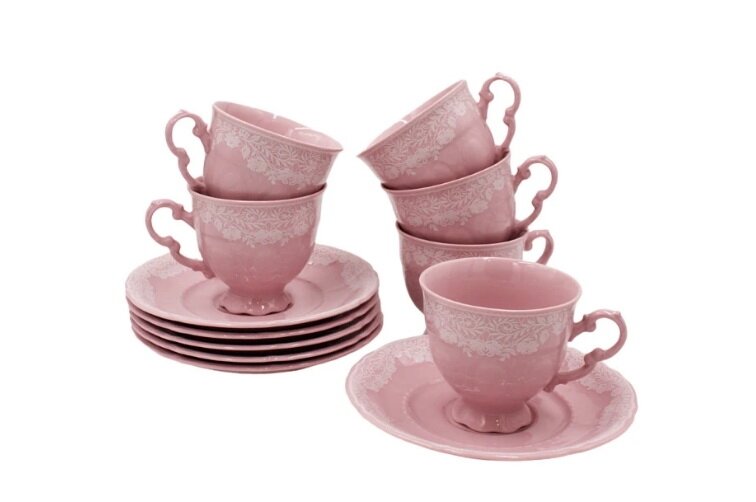 Набор кофейных пар 150 мл на 6 персон 12 предметов, Белый узор, Розовый фарфор Соната 07260414-3001, Leander