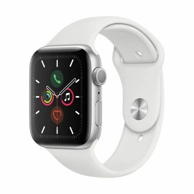Apple Watch Series 5 GPS, 44mm Silver (серебристые) Aluminium Case с белым силиконовым ремешком (M/L)