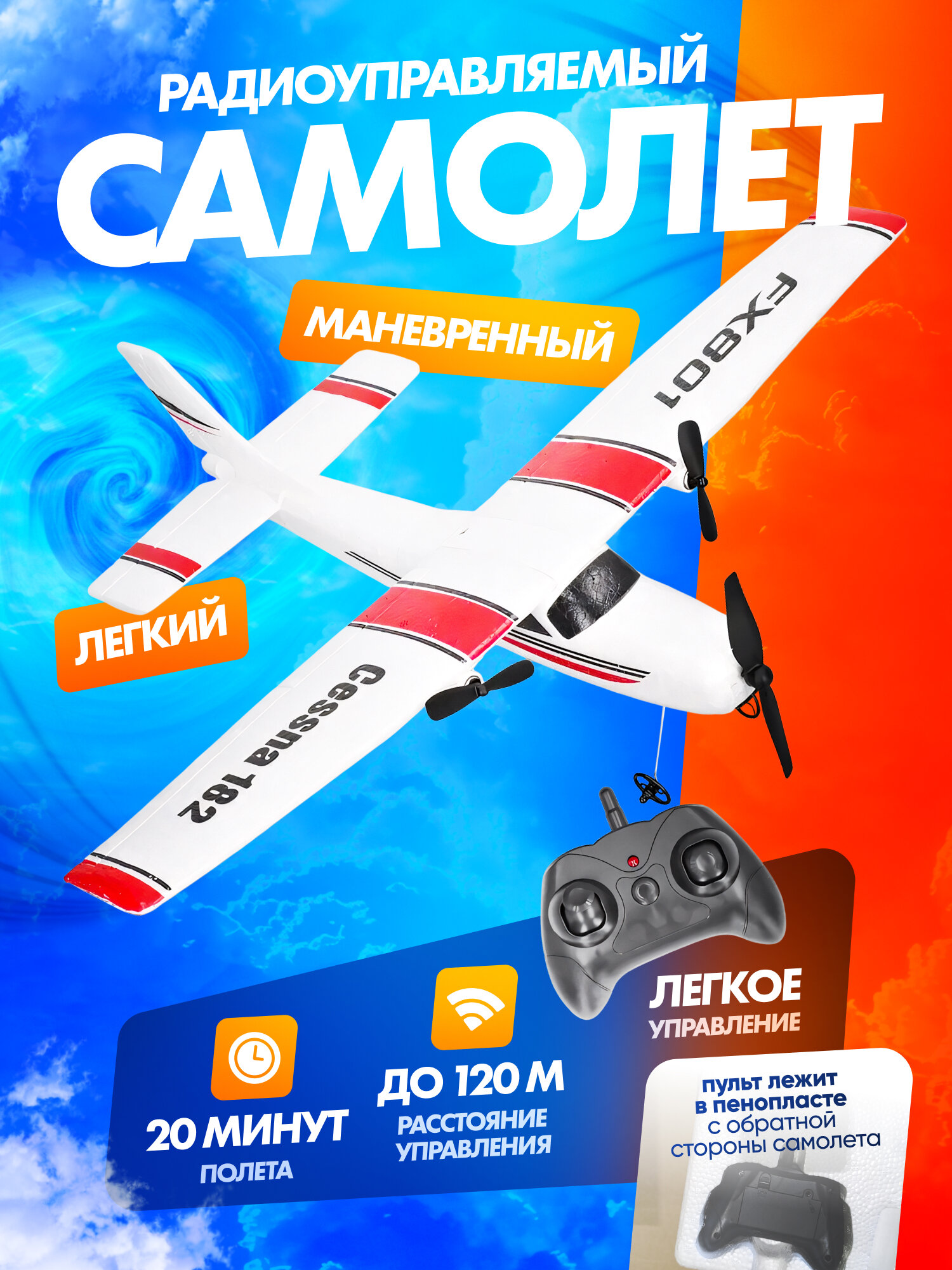 Радиоуправляемый самолет Innopax Cessna FX801, коллекторный двигатель, 3 канала, дальность управления 120м