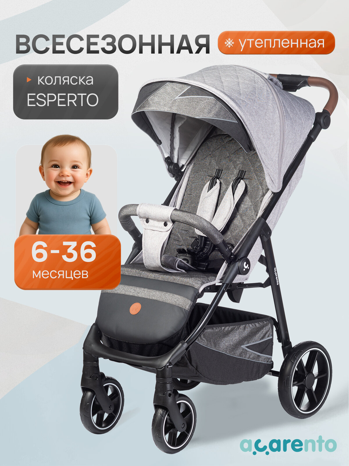 Утепленная прогулочная коляска Acarento Esperto, цвет Light grey