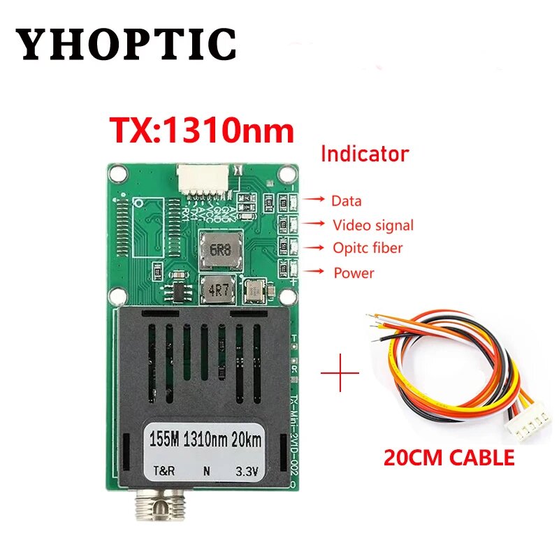 Одноволоконный преобразователь видео и последовательных данных FC/UPC — 1-канальный аналоговый + UART/TTL/SBUS, 20 км SMF, 5,5–26 В RX1550nm