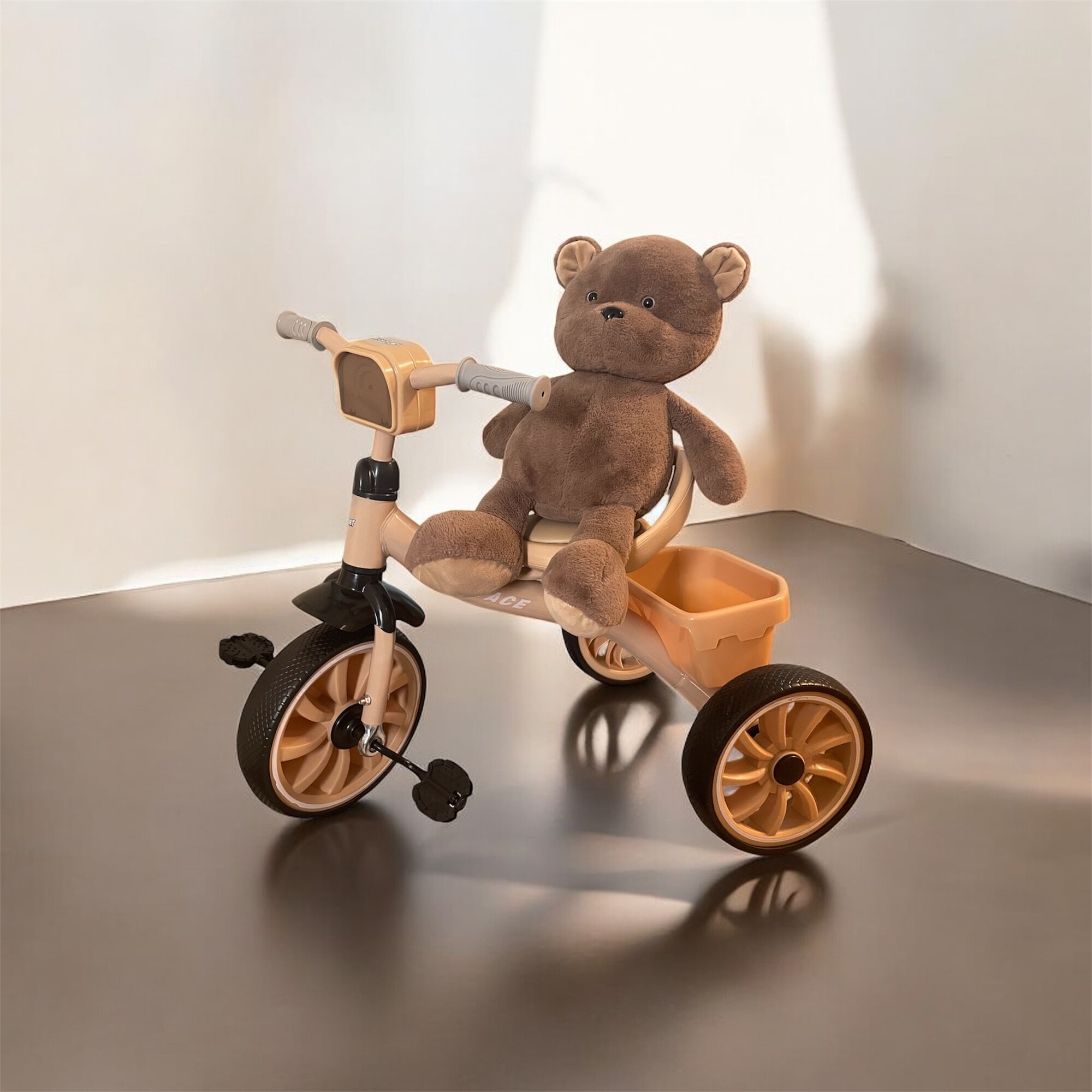 Велосипед детский, трехколесный, для малышей, с музыкой, фарой и кожаным сиденьем, бежевый