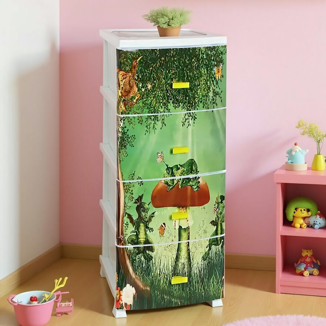 Комод пластиковый с рисунком "Дракон", 4 секции, белый, яркие ручки, для детской комнаты