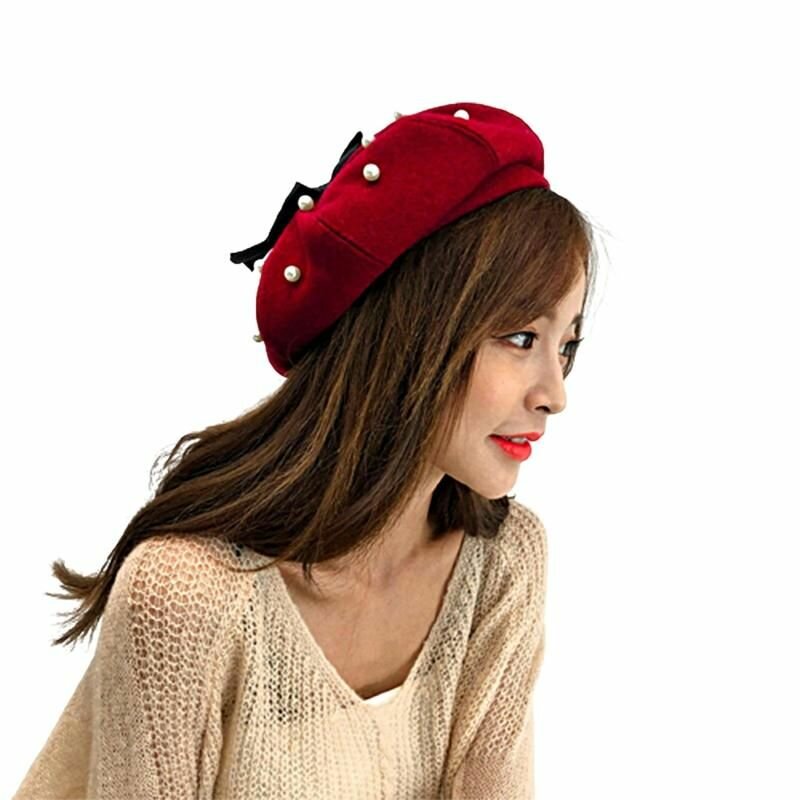 Модная беретка с бантом и жемчугом, красный