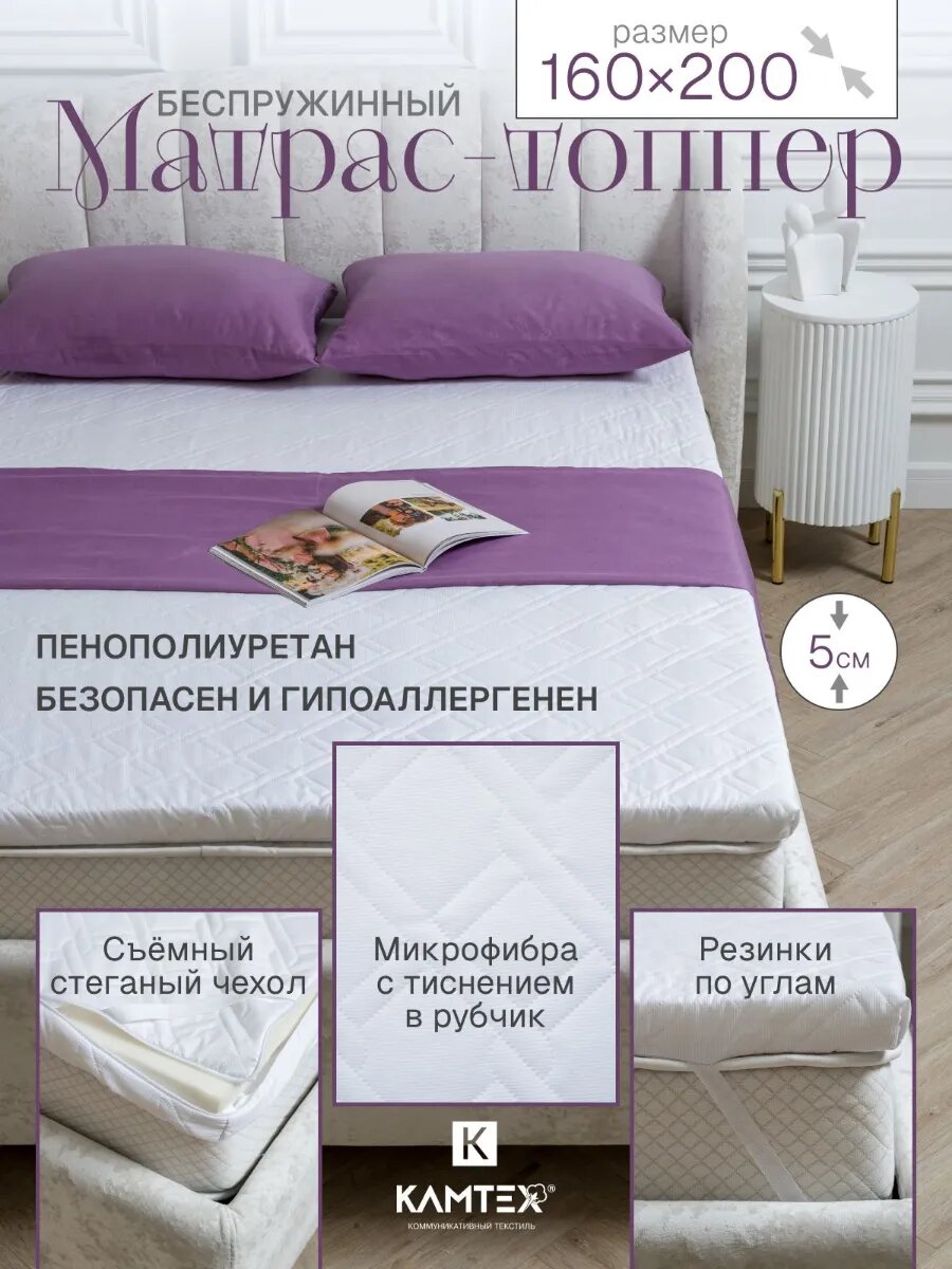 Матрас топпер 160х200 беспружинный гипоалергенный средняя жесткость ткань в рубчик микрофибра