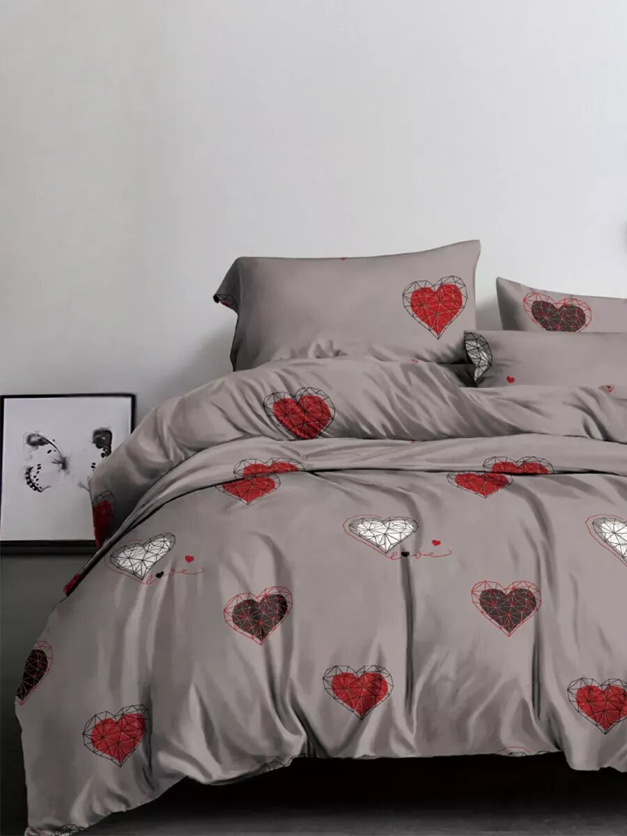 Постельное белье Kamtex "Сердце", 1.5 спальный, полиэстер, 50x70 см, серое