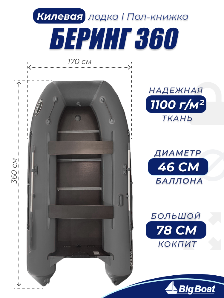Надувная, под мотор, килевая лодка из ПВХ для рыбалки Bering (Беринг) 360К пол-книжка