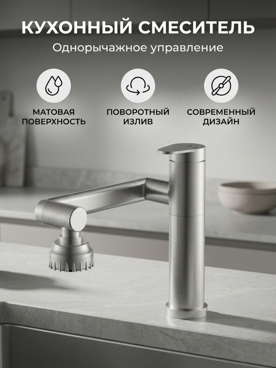 Смеситель Diadonna "Трансформер" D49-19015S, поворотный излив, сатиновое покрытие