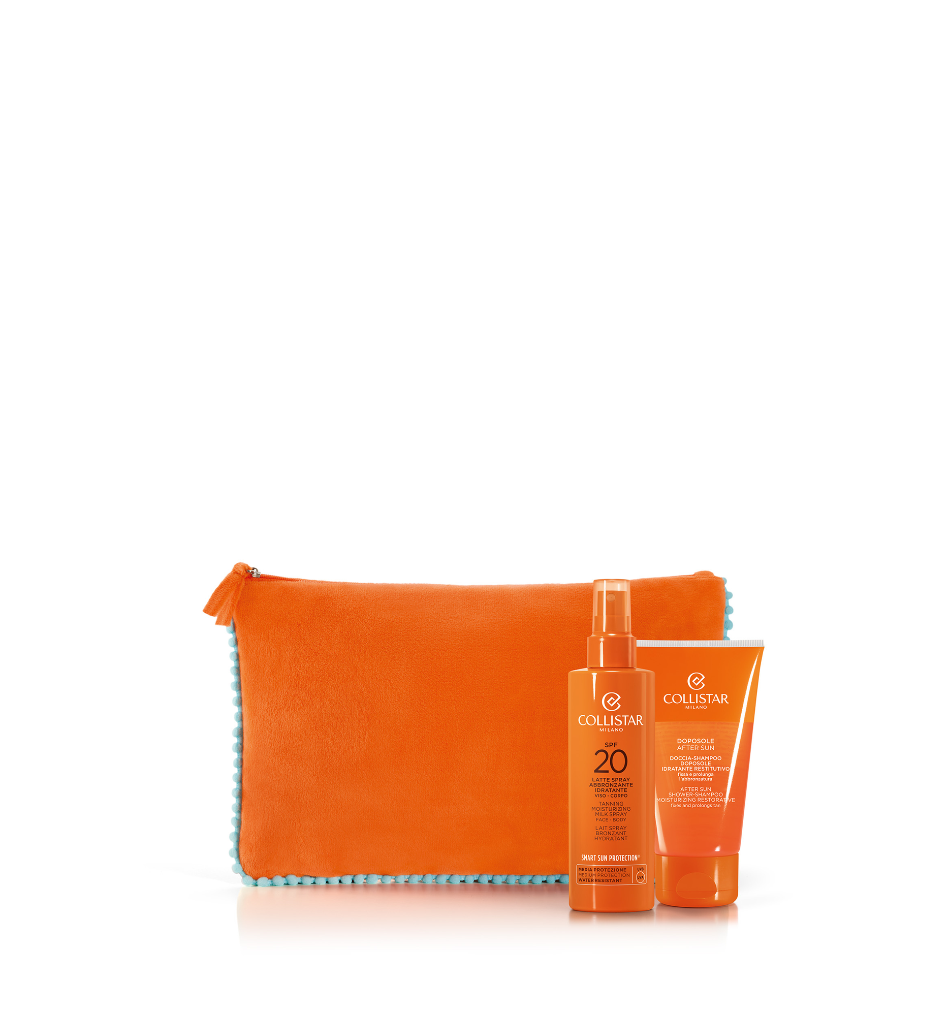 Collistar - Набор Для Суперзагара 2024 Tanning Moisturizing Milk Spray SPF20 200 ml + After-Sun Shower Shampoo 150 ml + Сумочка